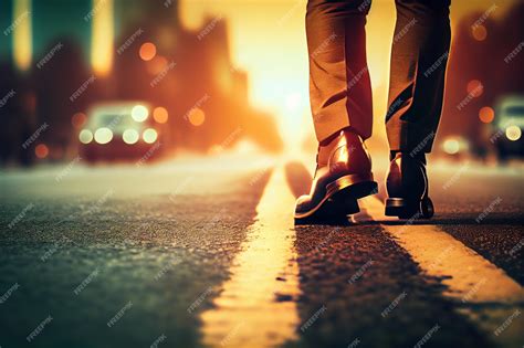 Premium Photo Close Up Of Mans Feet Walking On The Road At