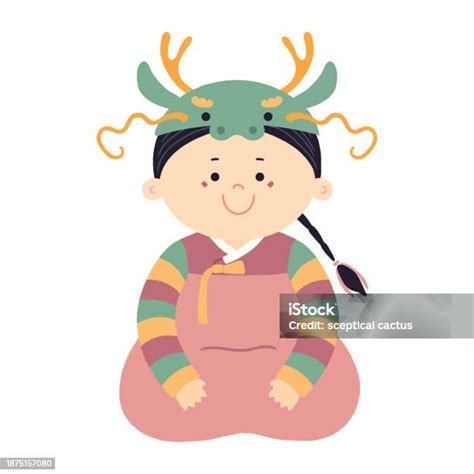 한국 옷 한복을 입은 귀여운 소녀 용 모자 캐릭터 일러스트 한복에 대한 스톡 벡터 아트 및 기타 이미지 한복 2024년 가공의 인물 Istock