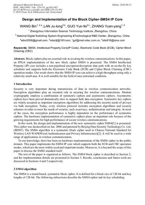 Design And Implementation Of The Block Cipher Sms4 Ip Core Scientificnet