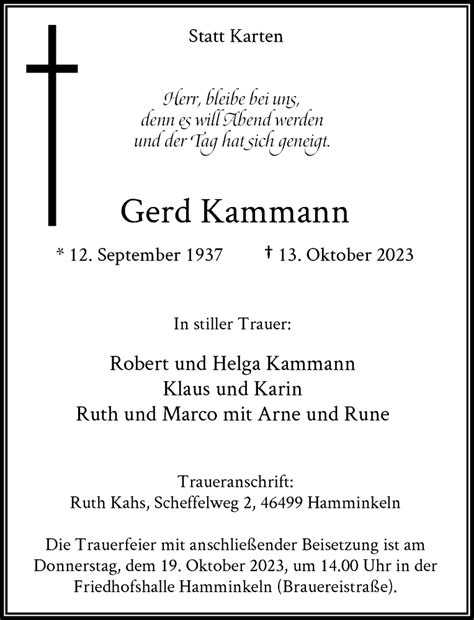 Alle Traueranzeigen Für Gerd Kammann Trauerrp Onlinede