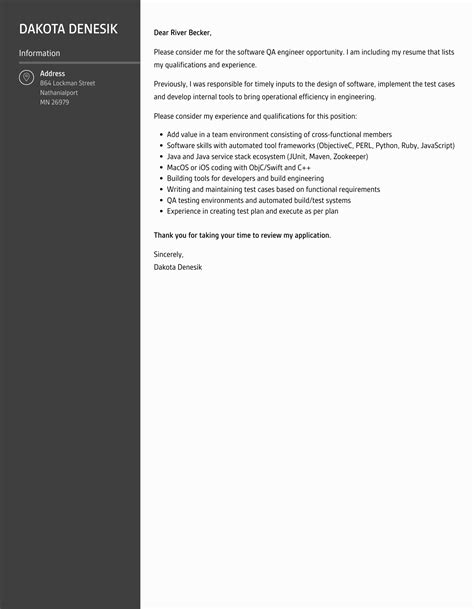 Software QA Engineer Cover Letter Velvet Jobs