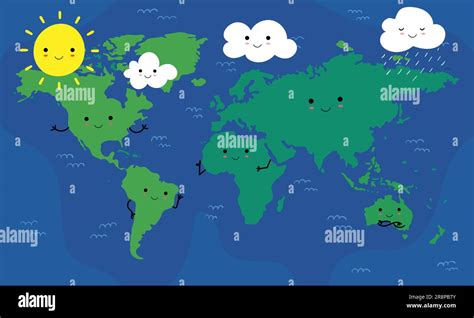 Bright Illustrated Map Of The World With Kawaii Cute Continents Sun Clouds For Preschoolers