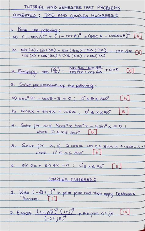 Trigonometry And Complex Numbers Tutorial And Semester Test Problems