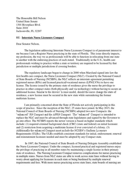 Letter To Legislator Pdf Nursing Licensure