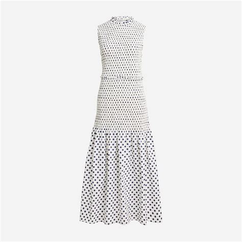 Jcrew Smocked Cotton Poplin Drop Waist Dress In Dot Print For Women