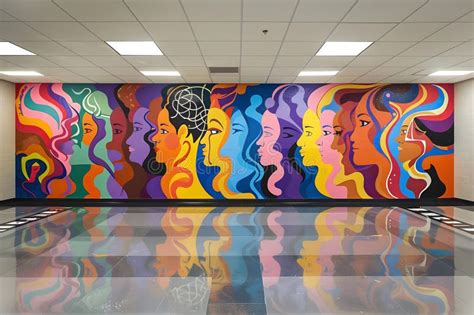 Colorful Mural Of Diverse Faces And Swirling Hair Patterns Illustration Stock Illustration