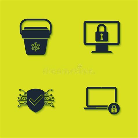 Set Cooler Bag Laptop And Lock Cyber Security And Lock On Monitor Icon Vector Stock Vector