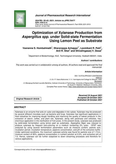 Pdf Optimization Of Xylanase Production From Aspergillus Spp Under