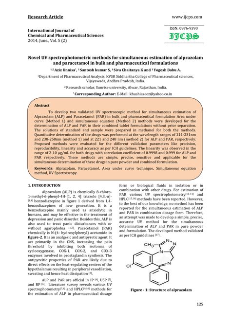 Pdf Novel Uv Spectrophotometric Methods For Simultaneous Estimation Of Alprazolam And