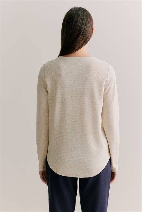 Oatmeal Marle Cotton Ottoman Marle Long Sleeve T Shirt Women T Shirts