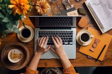 Premium Ai Image Ai Generative Top View Woman Hand Using Laptop