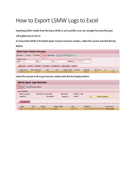 how to export lsmw logs to excel pdf