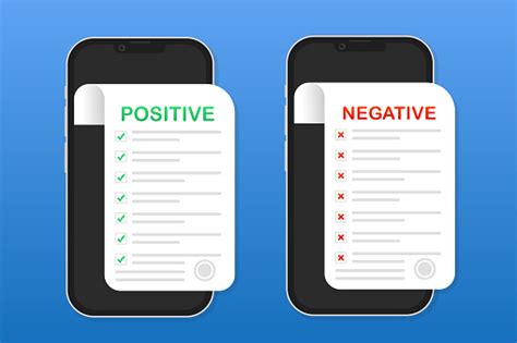 스마트 폰에서 긍정적이고 부정적인 결과 인감이있는 종이 눈금과 십자가가있는 문서 흰색 배경에 부정적이고 긍정적 인 결과의 우표 벡터 그림 0명에 대한 스톡 벡터 아트 및