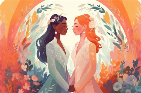 Alegres Novias Lesbianas Abrazando Su Boda Pareja Gay Femenina Rodeada