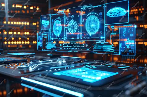 Hyperrealist Quantum Ui With Blue Holograms Above Circuit Board Premium Ai Generated Image