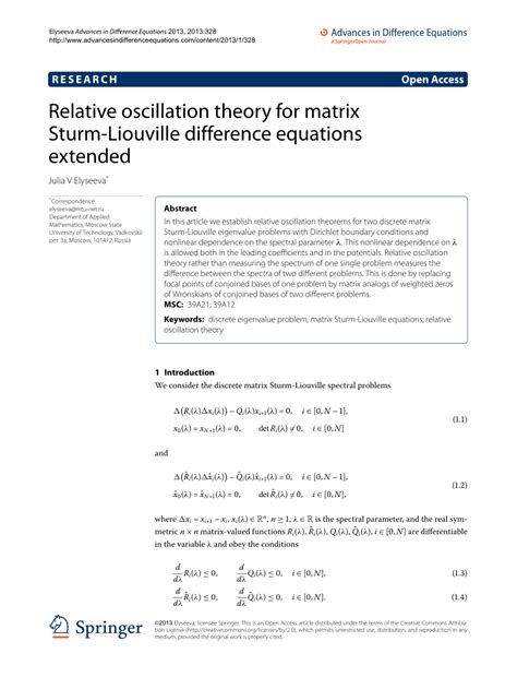 Pdf Relative Oscillation Theory For Matrix Sturm Liouville Difference Equations Extended