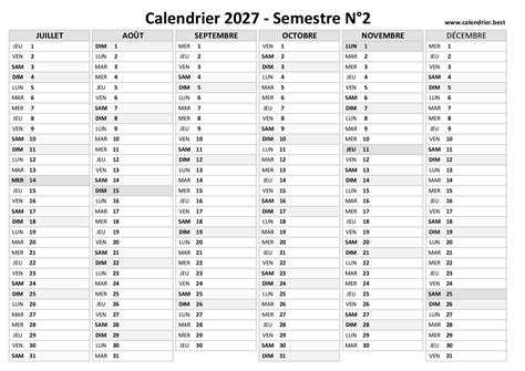 Calendrier Semestriel 2027 à Imprimer Pour Le 1er Et Le 2ème Semestre 2027