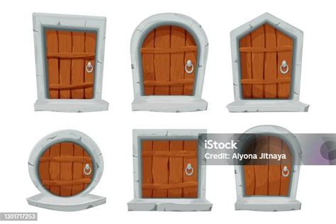 흰색 배경에 고립 된 만화 스타일의 아치 돌 장식 나무 문을 설정합니다 요정 미스터리 폐쇄 입구 Ui 게임 디자인에 대한 중세 요소 자산 문에 대한 스톡 벡터 아트 및 기타