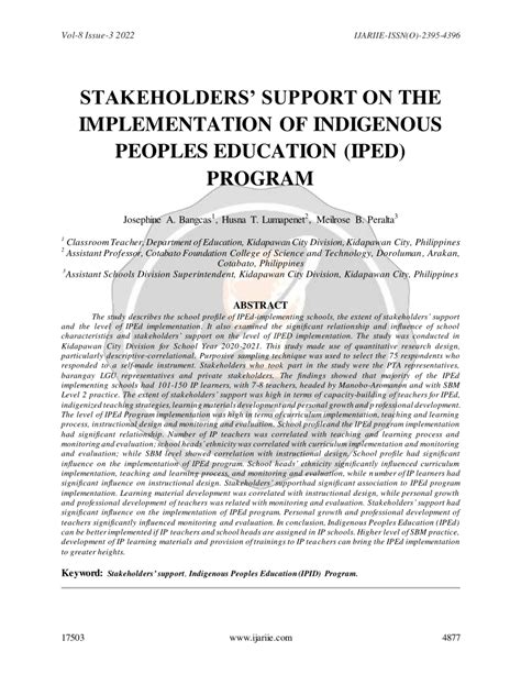 Pdf Stakeholders Support On The Implementation Of Indigenous Peoples Education Iped Program