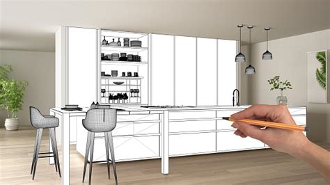 미완성 프로젝트 건설 초안 개념 인테리어 디자인 스케치에서 실제 홈 배경 건축가 및 디자이너 아이디어에서 현대 부엌 청사진 스케치를 그리는 손 0명에 대한 스톡 사진 및