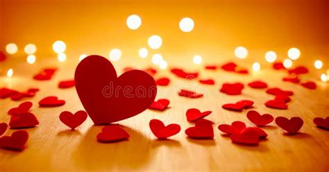 Red Heart Sitting On Top Of Wooden Table Next To Group Of Candles