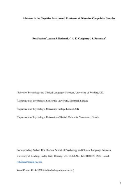Pdf Advances In The Cognitive Behavioural Treatment Of Obsessive