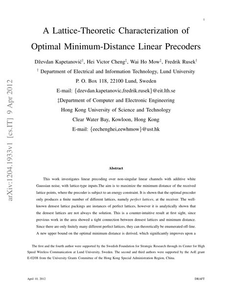 PDF A Lattice Theoretic Characterization Of Optimal Minimum Distance Linear Precoders