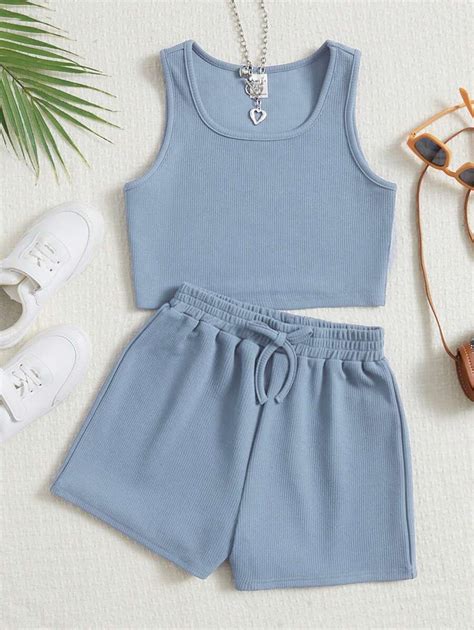 Shein Tween Girl Solid Tank Top And Knot Waist Shorts Summer Outfits