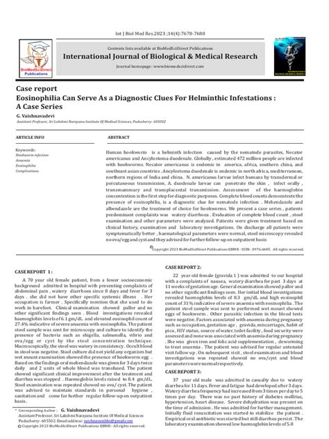 Eosinophilia Can Serve As A Diagnostic Clues For Helminthic