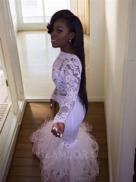 Trumpet Mermaid Bateau Long Sleeves Head Turning Floor Length Tulle Dress With Lace Glamlora
