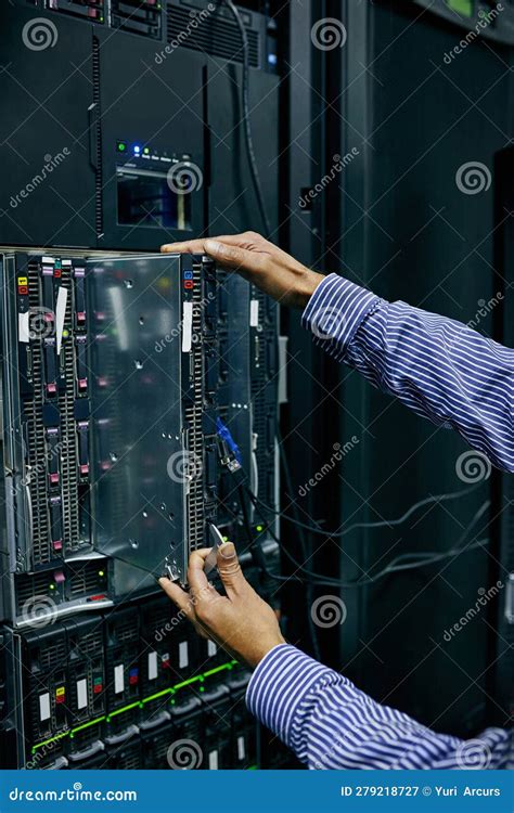 Server Room Hardware Or Hands Of Technician Fixing Online Cybersecurity Glitch Machine Or