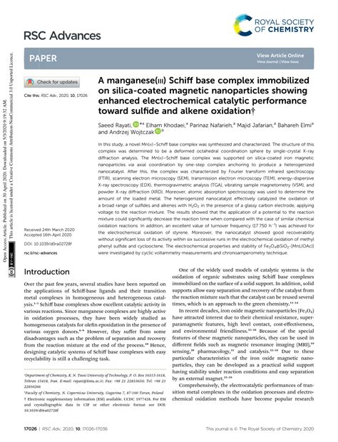 Full Article A Manganeseiii Schiff Base Complex Immobilized On