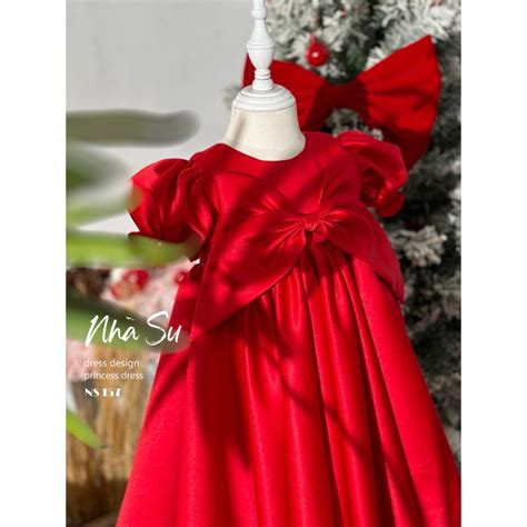Đầm Noel Đầm Tết Nơ To Trước Ngực Cho Bé Gái đi Chơi Ns157 Váy đỏ Trẻ