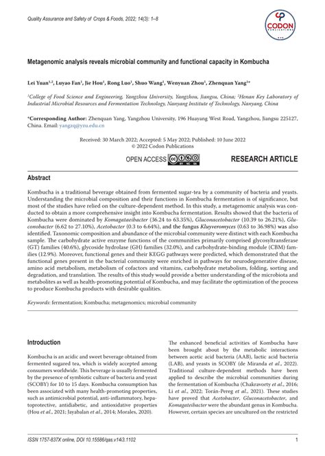 Pdf Metagenomic Analysis Reveals Microbial Community And Functional Capacity In Kombucha