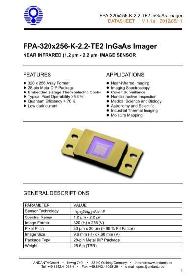 Fpa 320x256 K 2 2 Te2 Ingaas Imager Andanta Gmbh