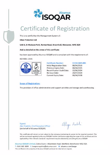 Iso 9001 Certificate Obex Protection Ltd Nbs Source