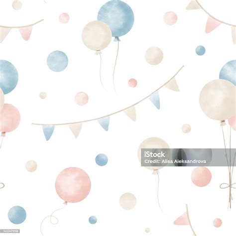 공기 풍선과 색종이가있는 패턴 손으로 그린 수채화 생일 포장지 또는 파티 디자인을위한 완벽한 배경 흰색에 파스텔 색상으로 그리기