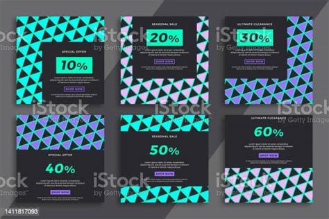 소셜 미디어 모바일 응용 프로그램에 대한 현대 판매 및 할인 프로모션 배경 기하학적 패턴의 어두운 사각형 광고 웹 배너 세트 간단한 벡터 편집 가능한 배경 Eps 10