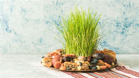 녹색 밀 싹 세메니 또는 Sabzi 과자 및 마른 과일 Pakhlava 흰색 배경에 노브루즈 전통 트레이 봄 춘분 아제르바이잔