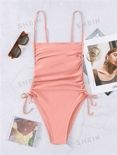 SHEIN Swim Traje de baño de una pieza con cordón y fruncido de unicolor