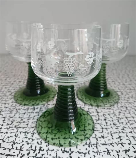 70s Vintage Luminarc Green Ribbed Beehive Stem Wine Hock Glasses X 3