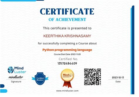 Completed Python Programming Course At Mind Luster Keerthika K Posted
