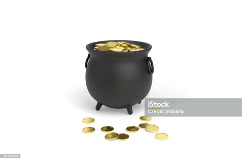 흰색 배경에 고립 된 금화로 가득 찬 가마솥 3d 일러스트레이션 0명에 대한 스톡 사진 및 기타 이미지 0명 3월 3차원