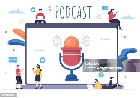 팟캐스트 배경 벡터 일러스트 는 헤드셋을 사용하여 오디오를 녹음하는 사람들 사운드 녹음 장비 및 마이크 개념으로 게스트 인터뷰 또는 온라인 쇼를 호스트합니다 공연에 대한