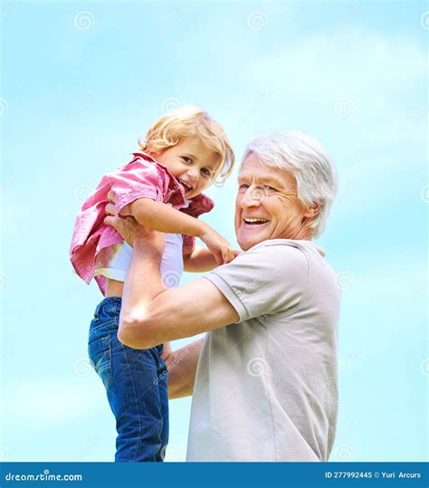 Happy Lifting And Portrait Of Grandfather And Grandson For Bonding