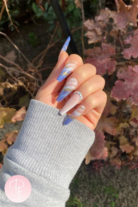New Nail Design Press On Nails Coffin Shape White And Blue