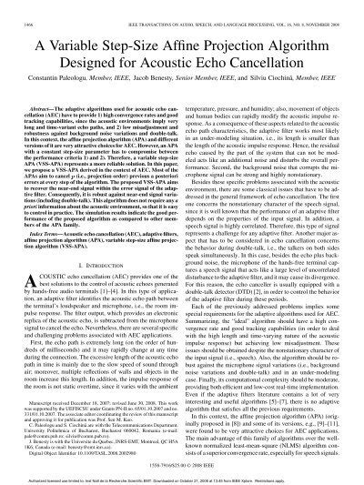 A Variable Step Size Affine Projection Algorithm D Researchgate