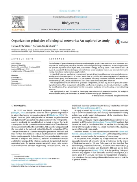 Pdf Organization Principles Of Biological Networks An Explorative Study