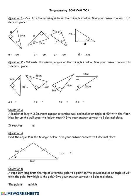 Trigonometic Ratios Soh Cah Toa Missing Side Lengths Worksheet