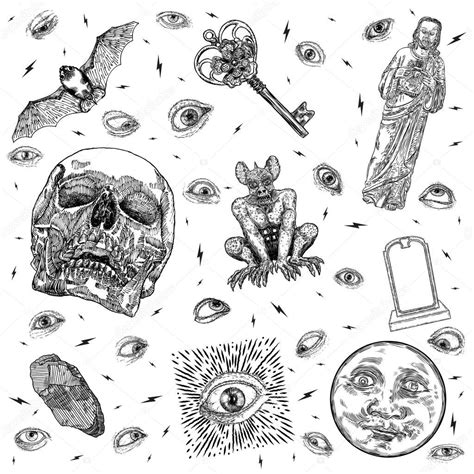 Conjunto de alquimia magia de brujería y misticismo oculto con varios símbolos de ocultismo